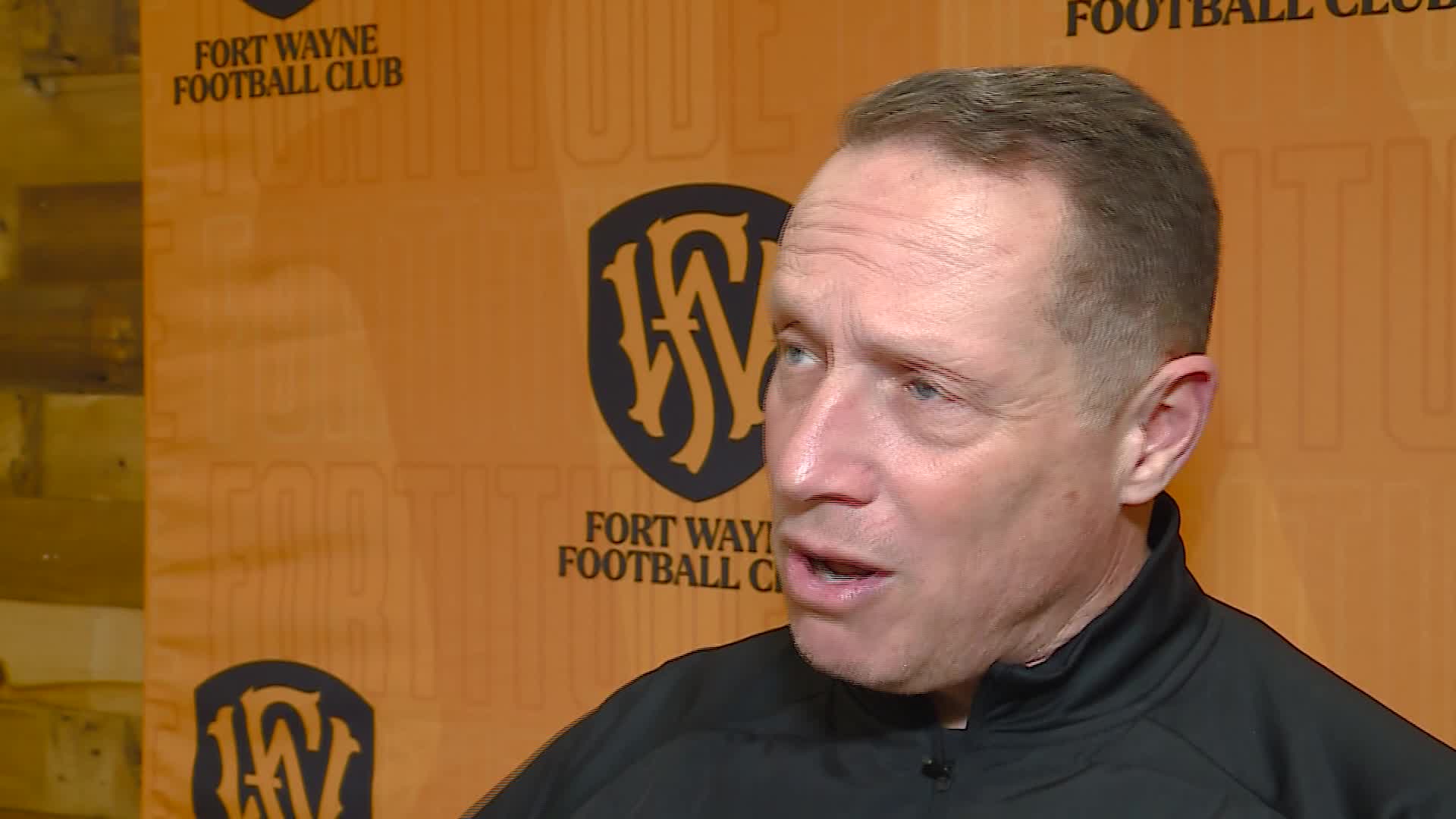 Fort Wayne Football Club head coach Mike Avery interview at road kit ...