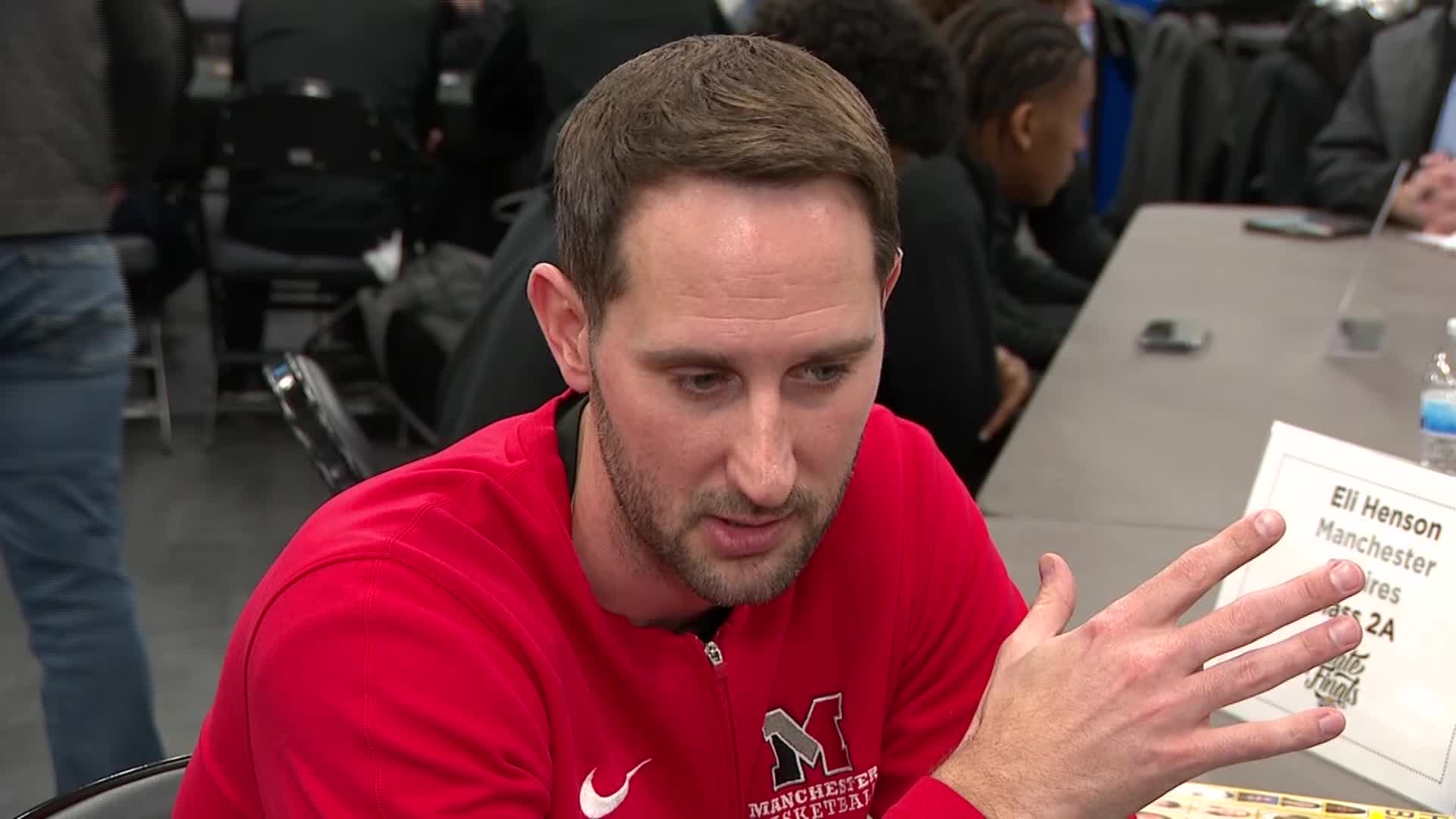 Manchester head coach Eli Henson at IHSAA boys basketball state preview ...