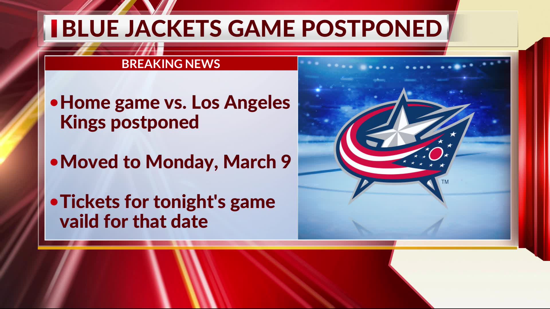 Monday’s Blue Jackets game postponed due to weather – NBC4 WCMH-TV