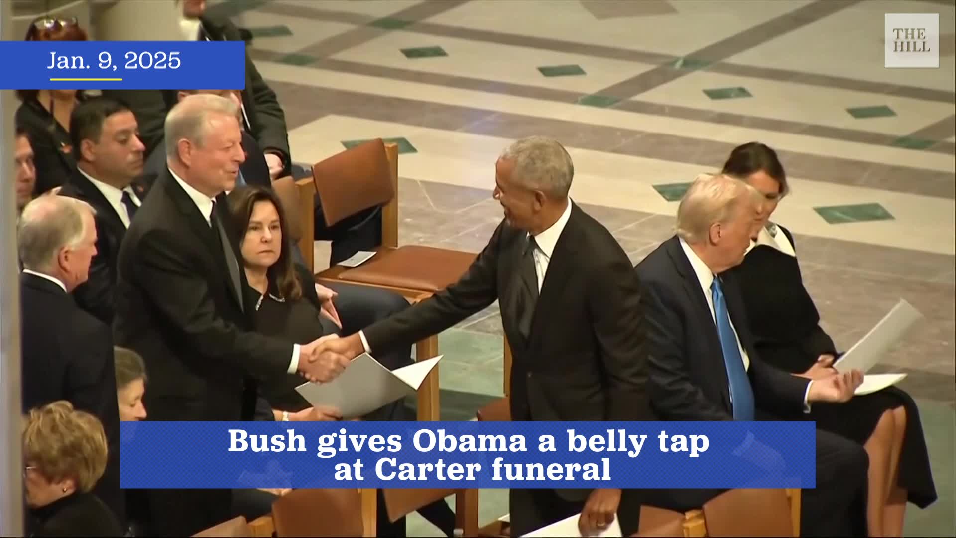 Former President Bush gives former President Obama a belly tap at ...